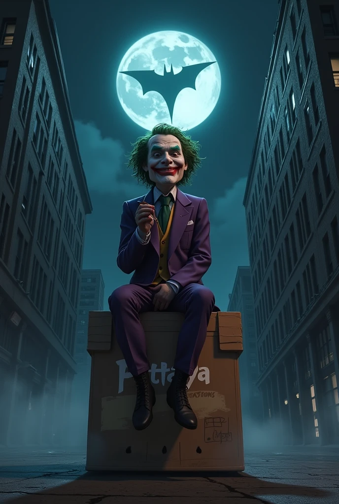 Gotham City at night, with a projector showing a symbol written on it ...