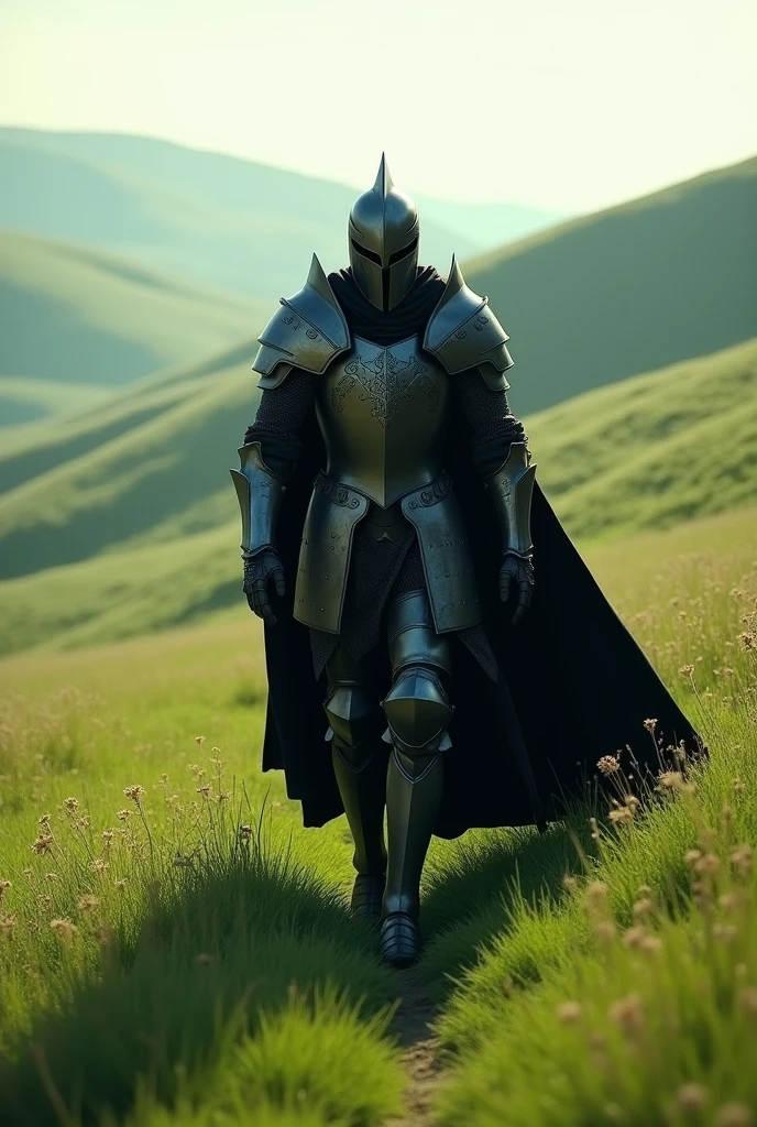 A black-caped knight walks in the grassland. - SeaArt AI