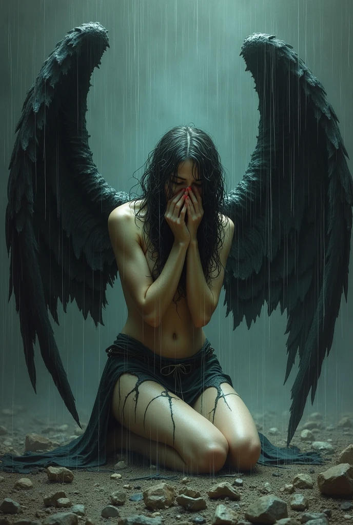 Biblical. A banished female angle surrounded by satanic shadow - SeaArt AI
