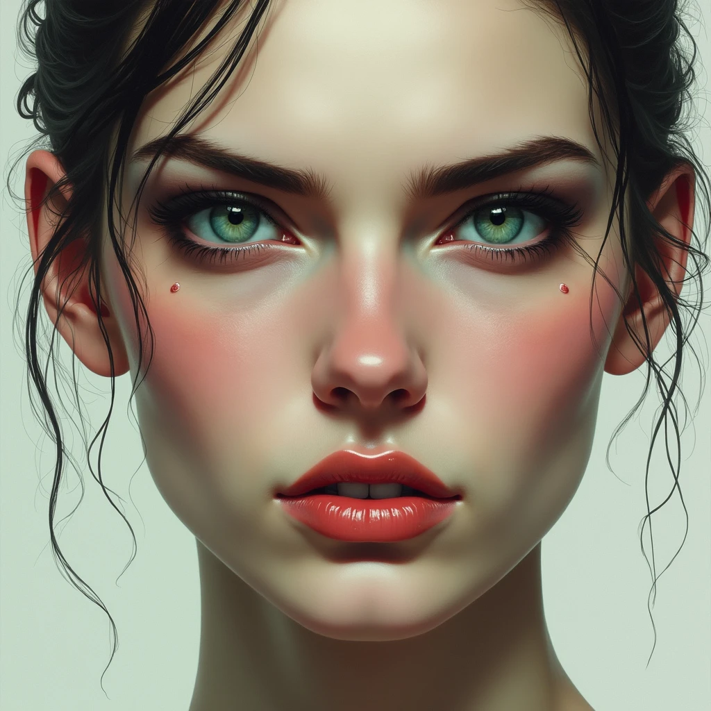 Expressive face of a Norwegian woman with different eyes of green and ...