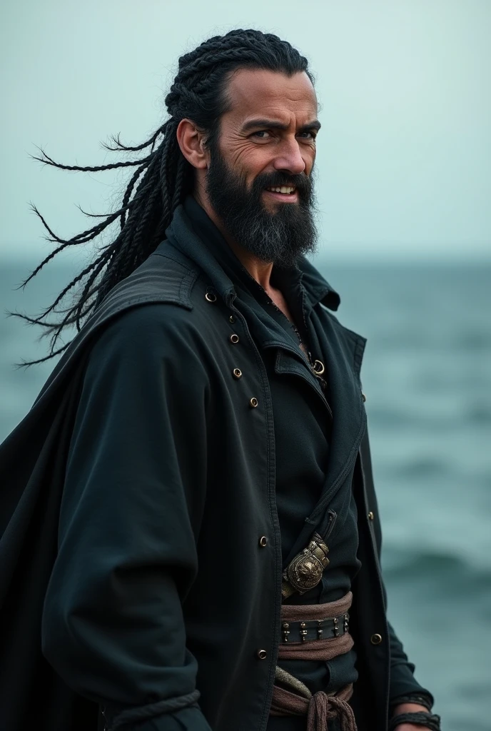 Pirate priest, male, thin, smile, black hair, braided, very thin ...