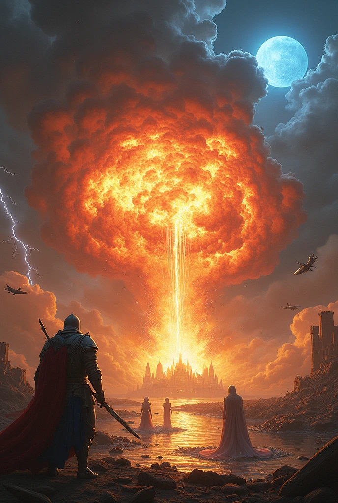 In the foreground, a large **explosion** with intense flames and debris ...