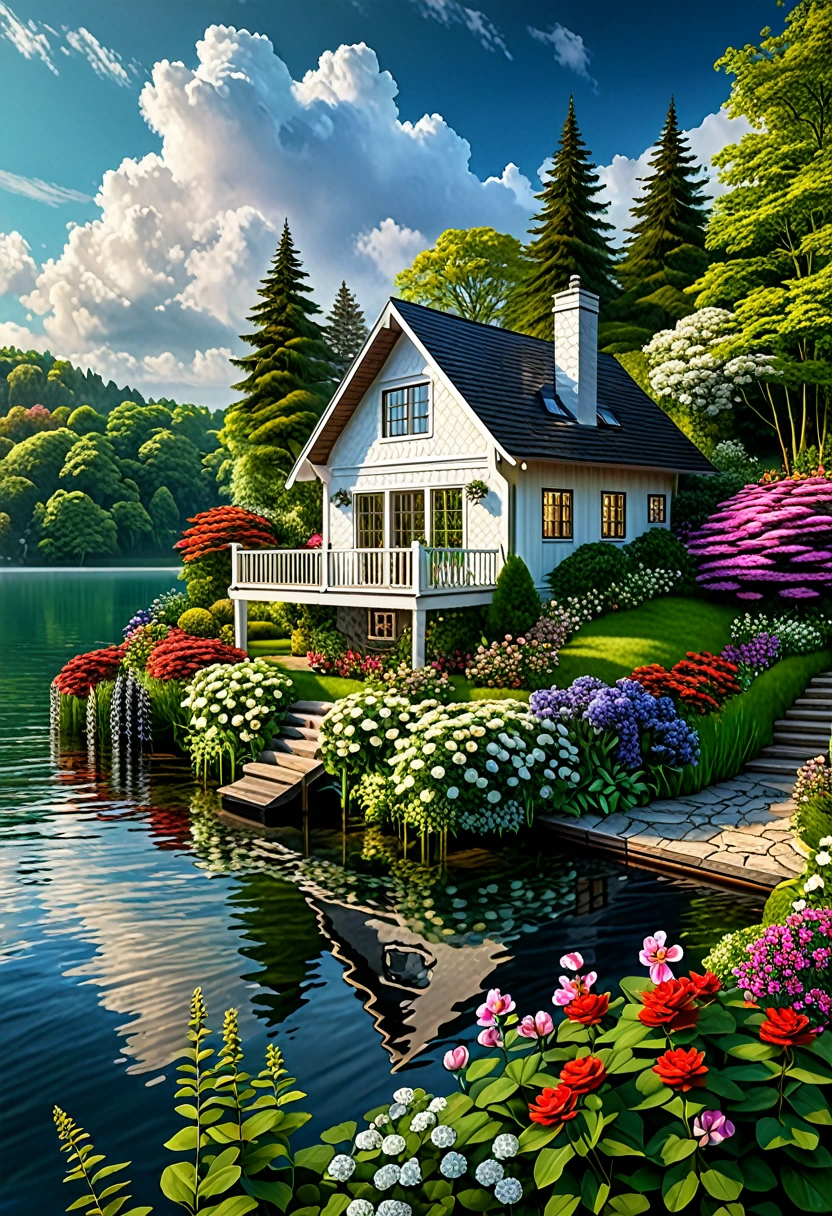 A charming cottage sitting on the edge of a tranquil lake, surrounded ...