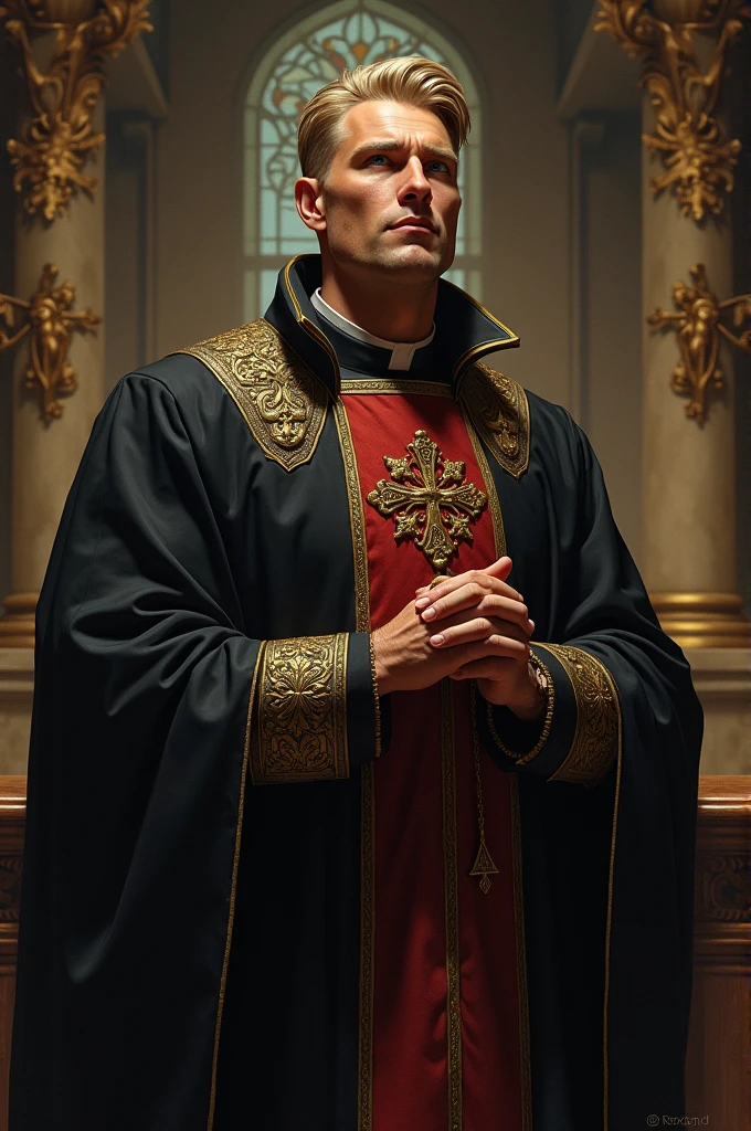 A handsome priest man with blond hair and blue eyes - SeaArt AI