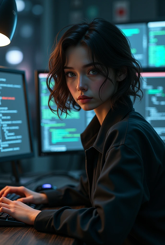 Female hacker with short brunette hair - SeaArt AI