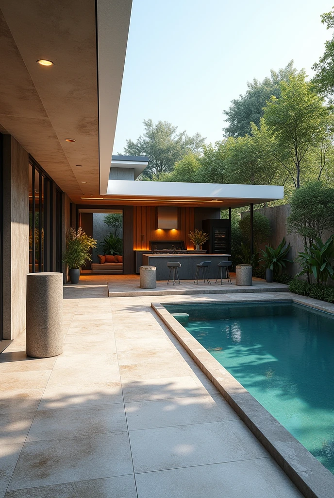 L-shaped balcony with a kiosk attachment with three round posts on the ...