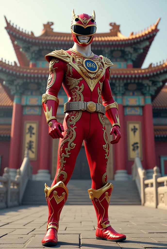 Power Ranger inspired by China with a Chinese temple in the background ...