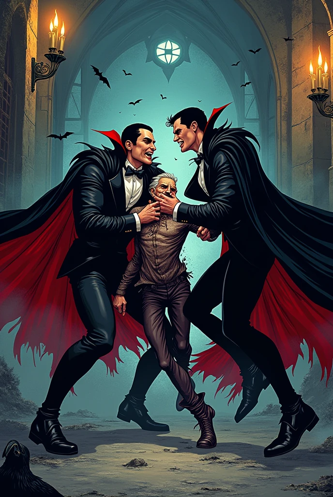 Create an image: In comics, two male vampires fighting over a human - SeaArt AI
