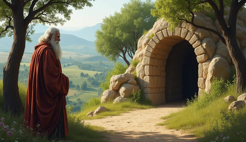 Create a realistic image of Abraham standing next to Machpelah - SeaArt AI