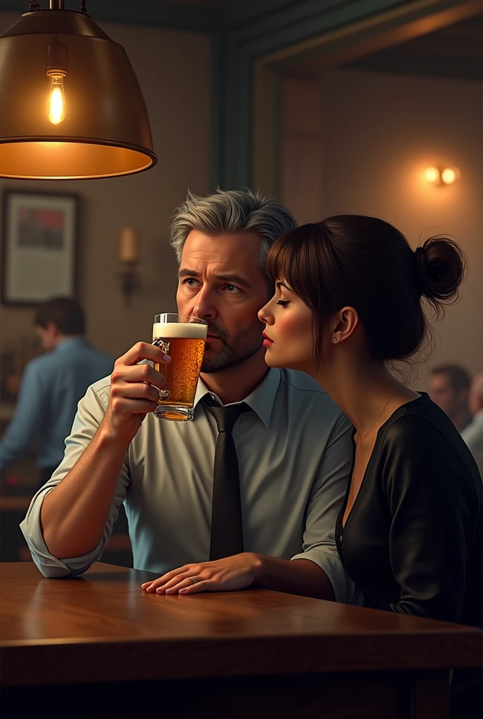 Man in a bar drinking a beer, while a woman speaks in his ear from ...