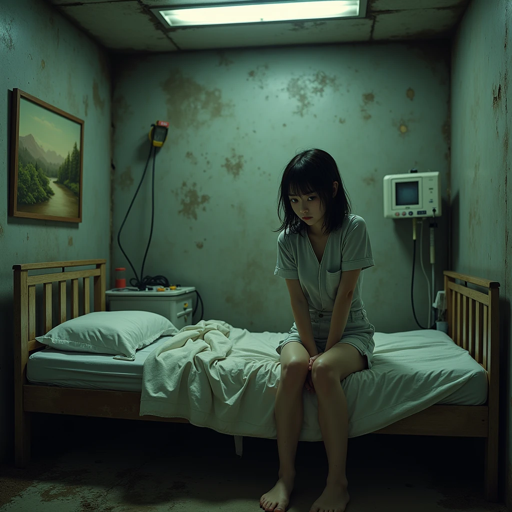 Late at night、A concrete private room reminiscent of an old ward ...