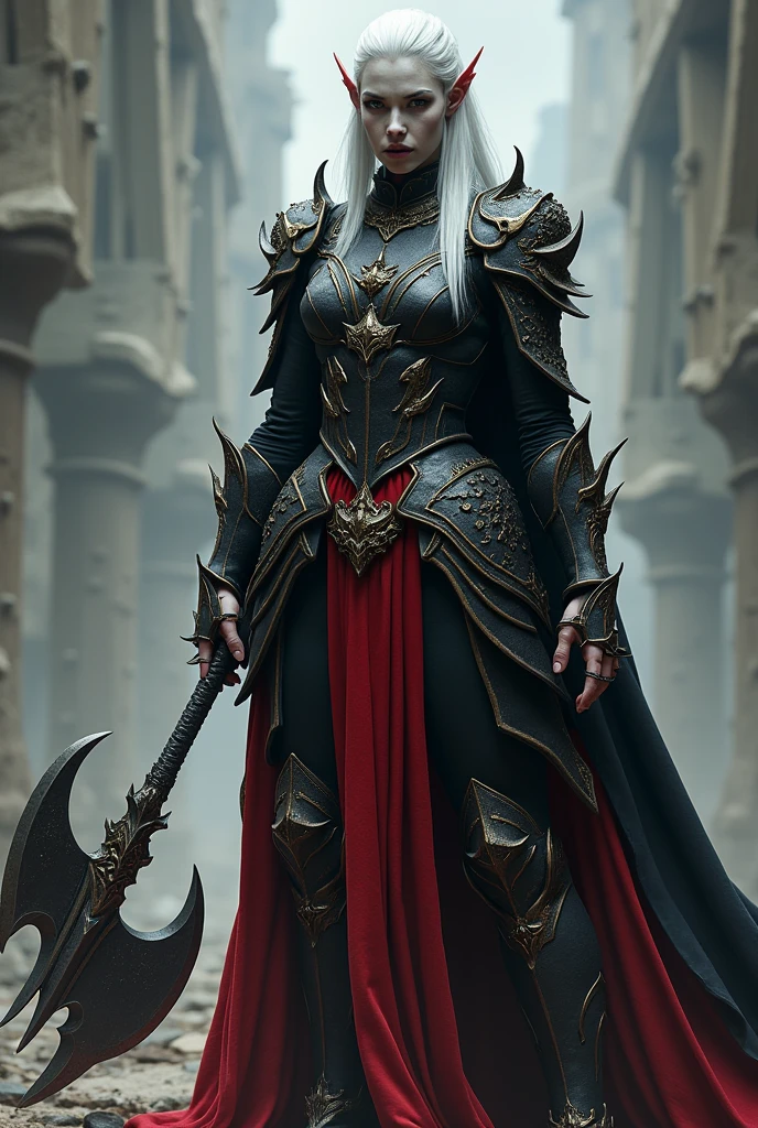 Describe a cursed grey-skinned elf, wearing black and red female armor ...