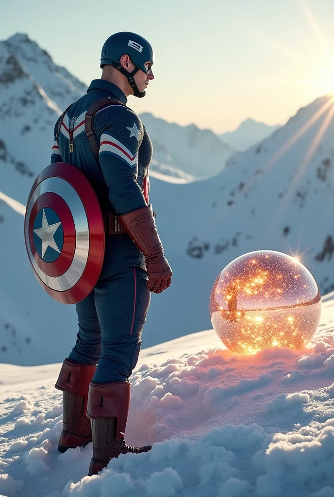 Captain America looking at a small glowing silver fire ball stuck in ...