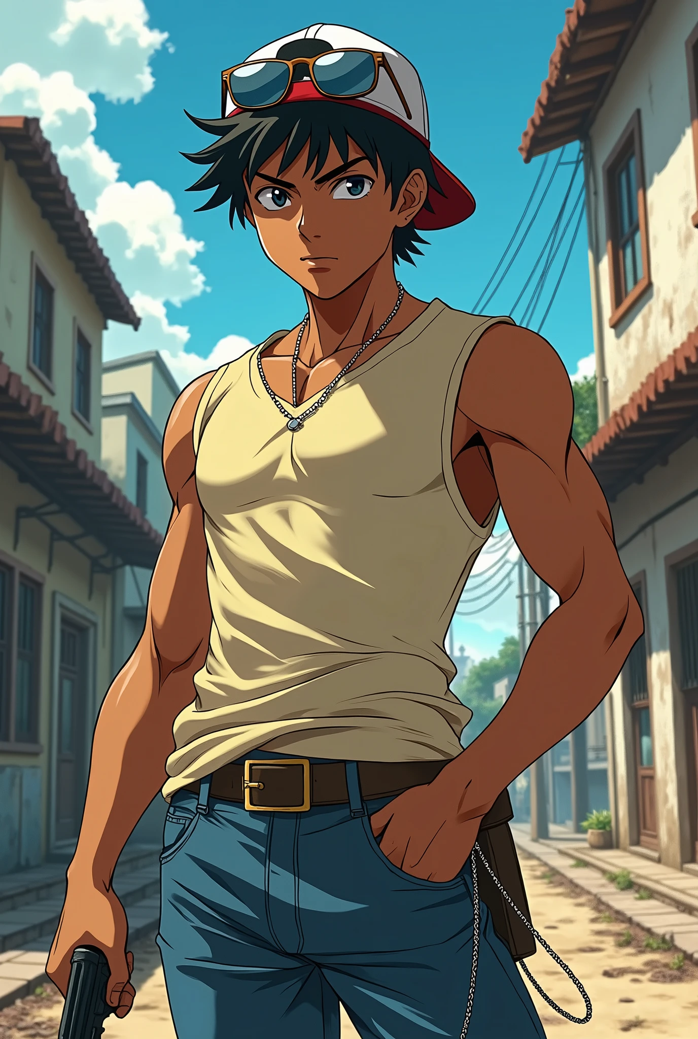 Anime man with a gun in his hand standing in a street - SeaArt AI