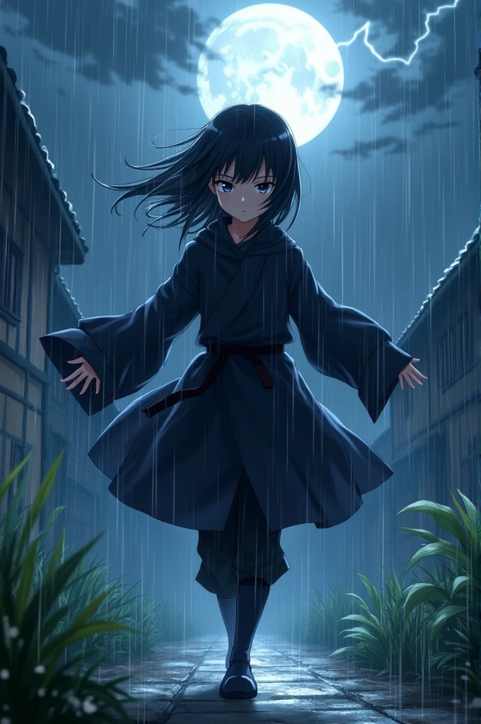 Anime girl in ninja attire at night in heavy rain - SeaArt AI