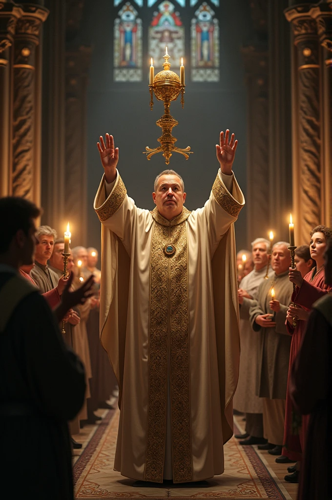 Priest holding monstrance with people at his front holding candles ...