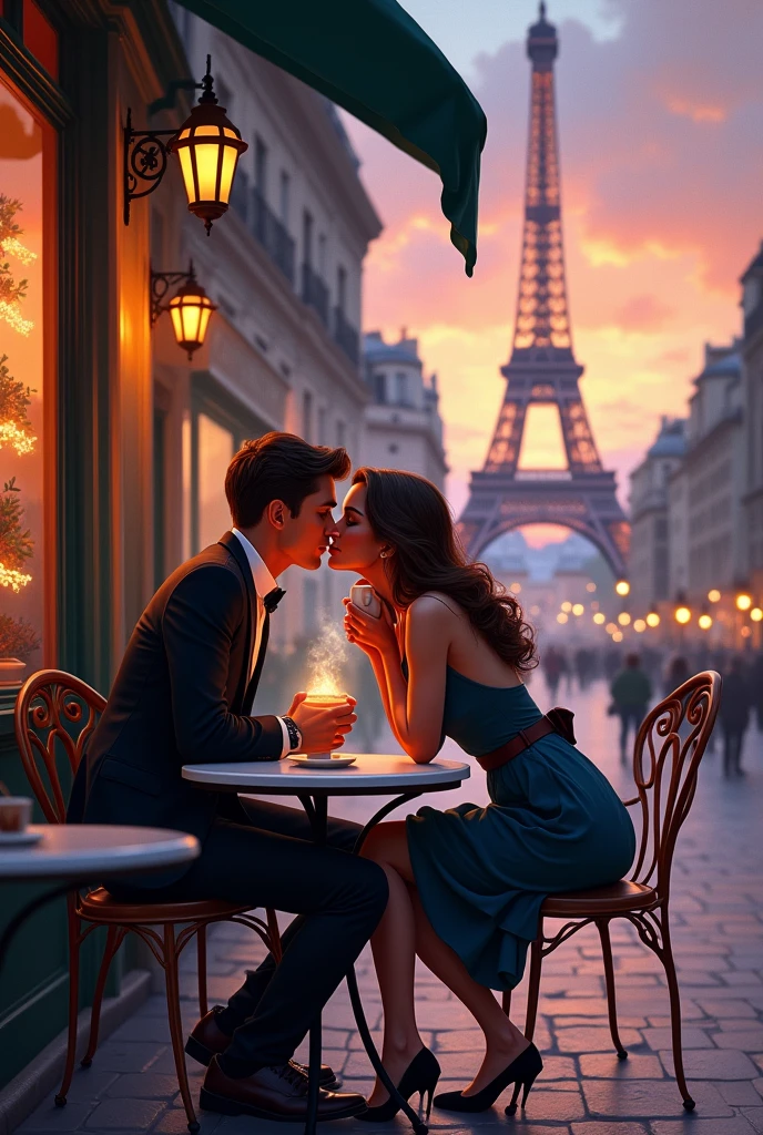 Parisian Love: A couple sitting at a small, romantic café in Paris ...