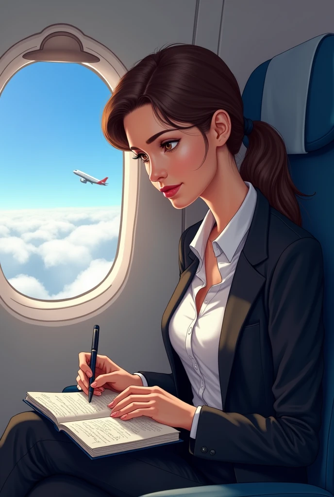 One Women writing notes in flight - SeaArt AI