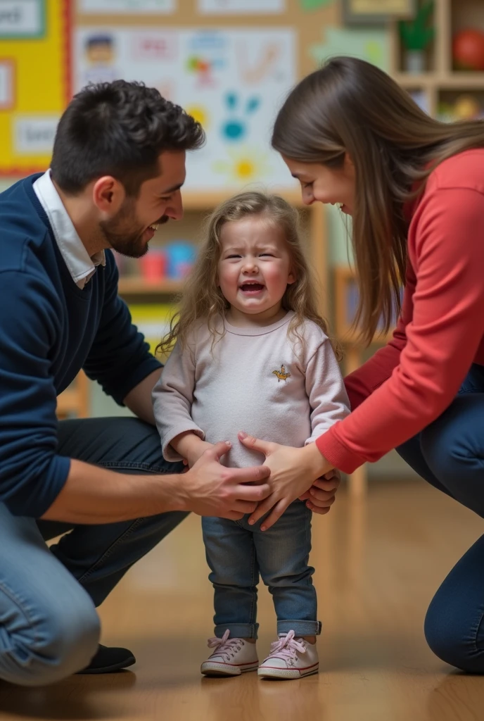 A light-skinned father, middle-aged, is kneeling and gently tying a ...