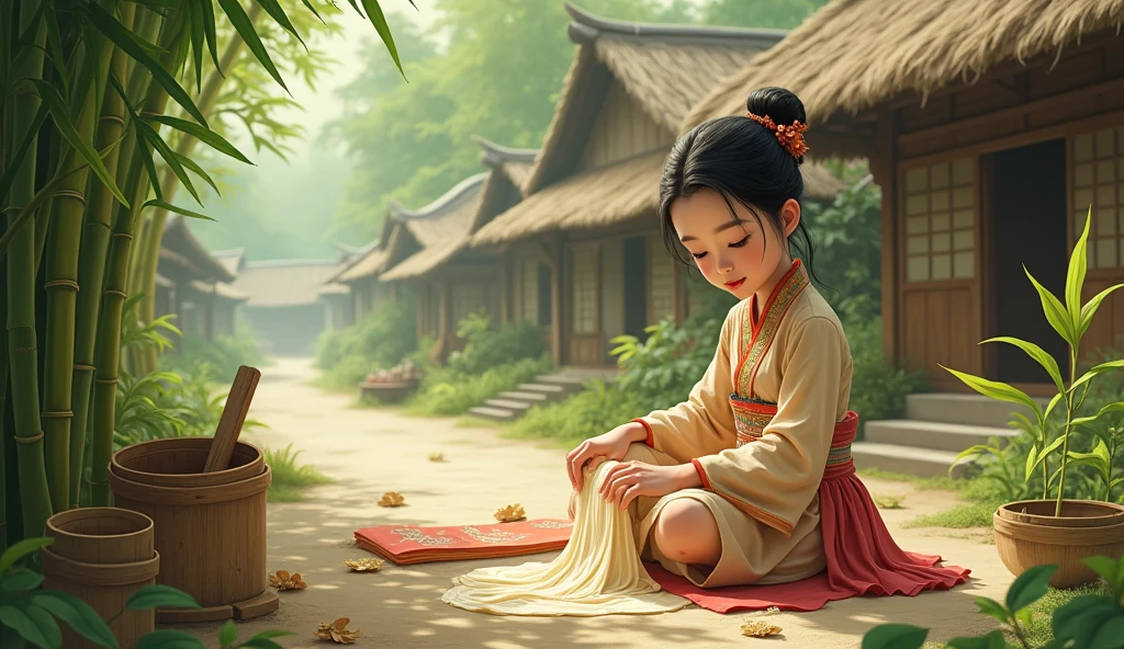 A beautiful asian village girl with traditional asian outfit working ...