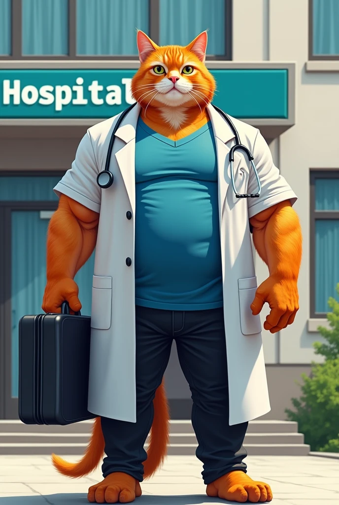 Hospital scene orange body builder cat in human body wearing a white ...
