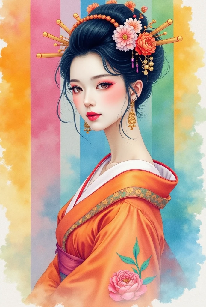 A beautiful Japanese oiran with a rainbow-colored striped background ...