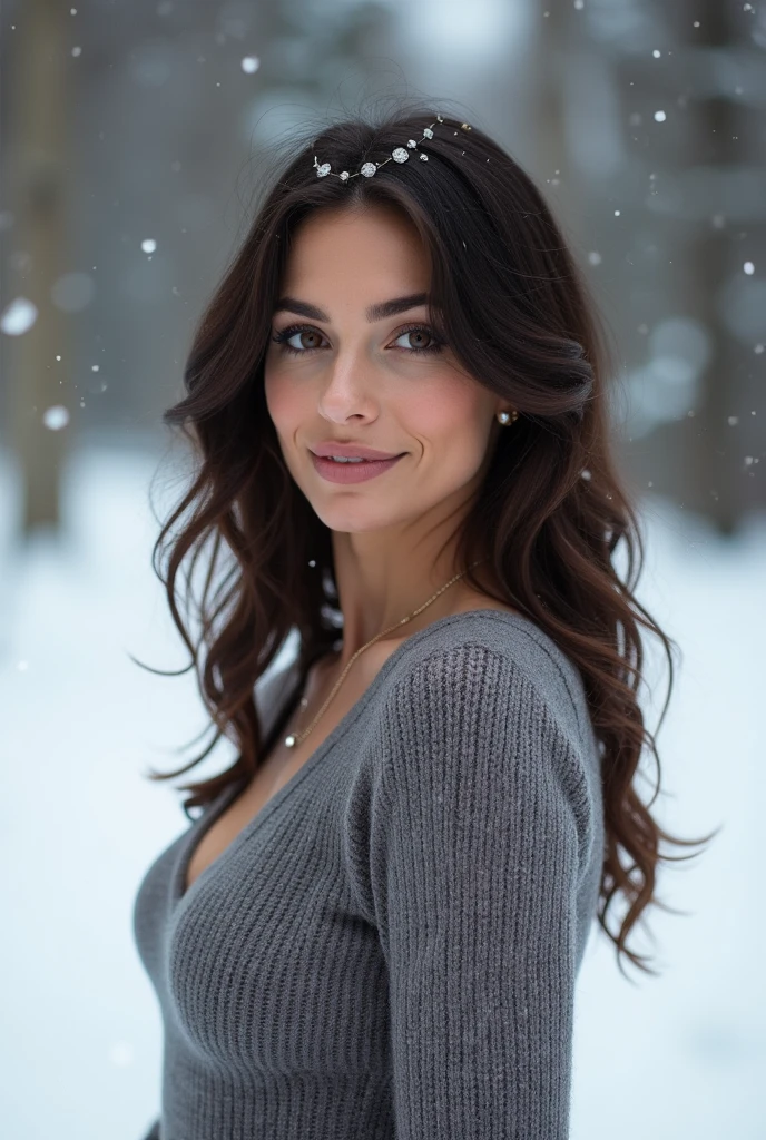 A sexy and beautiful brunette girl stands in the midst of a snowy landscape - SeaArt AI