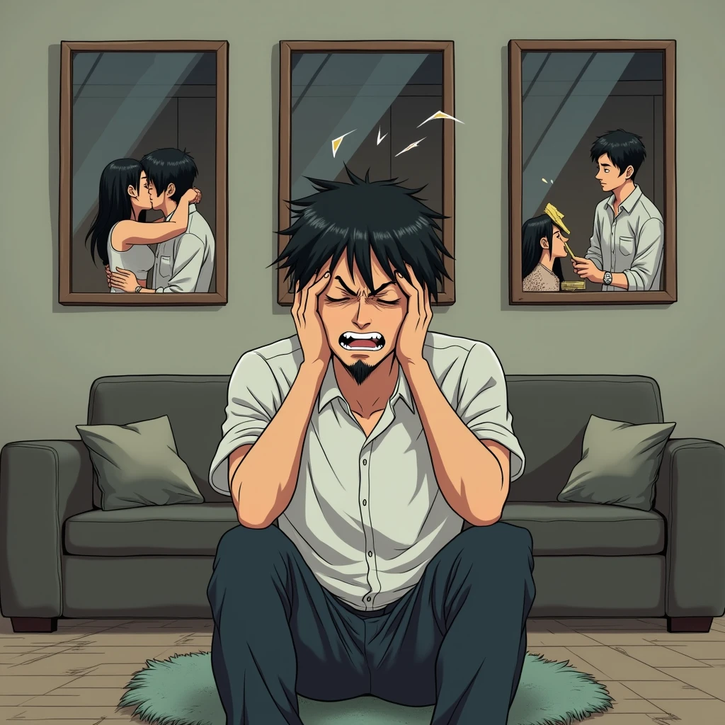 Hand drawn anime style，A man in a white shirt who looks very miserable ...