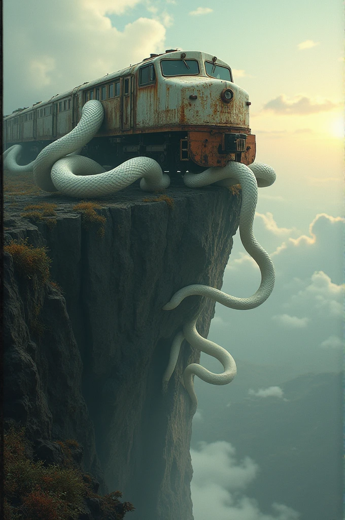 Picture of a white snake hanging from an old train on the edge of a ...