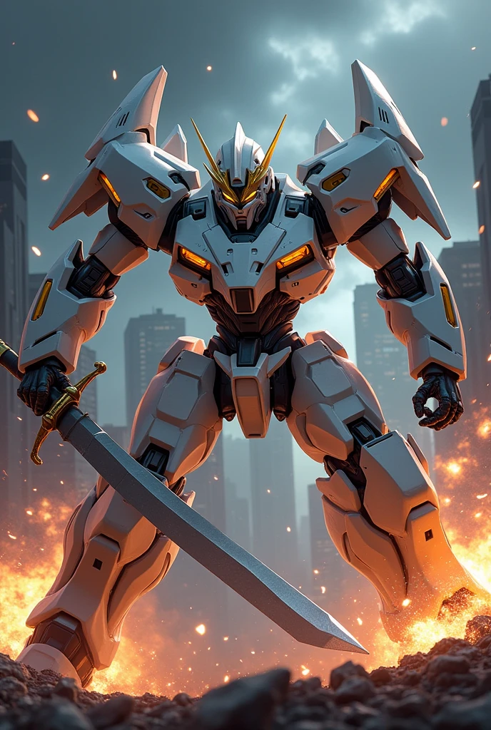Evil white colour robot with golden colour and have a sword with sharp ...