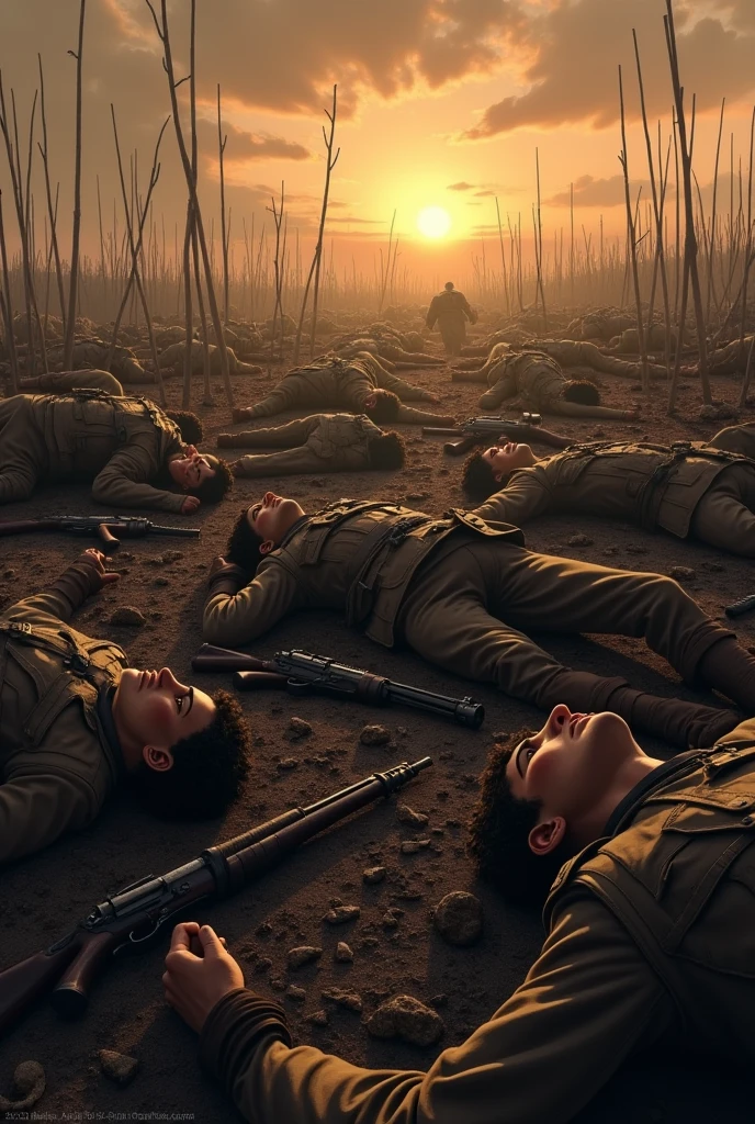 "The aftermath of the battle shows a quiet and somber battlefield ...