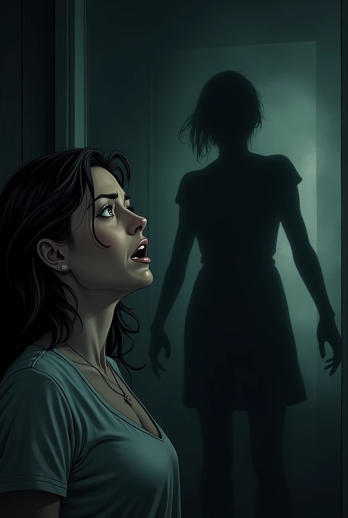 “A woman, in the shadow that appears in the corner of the room at night ...