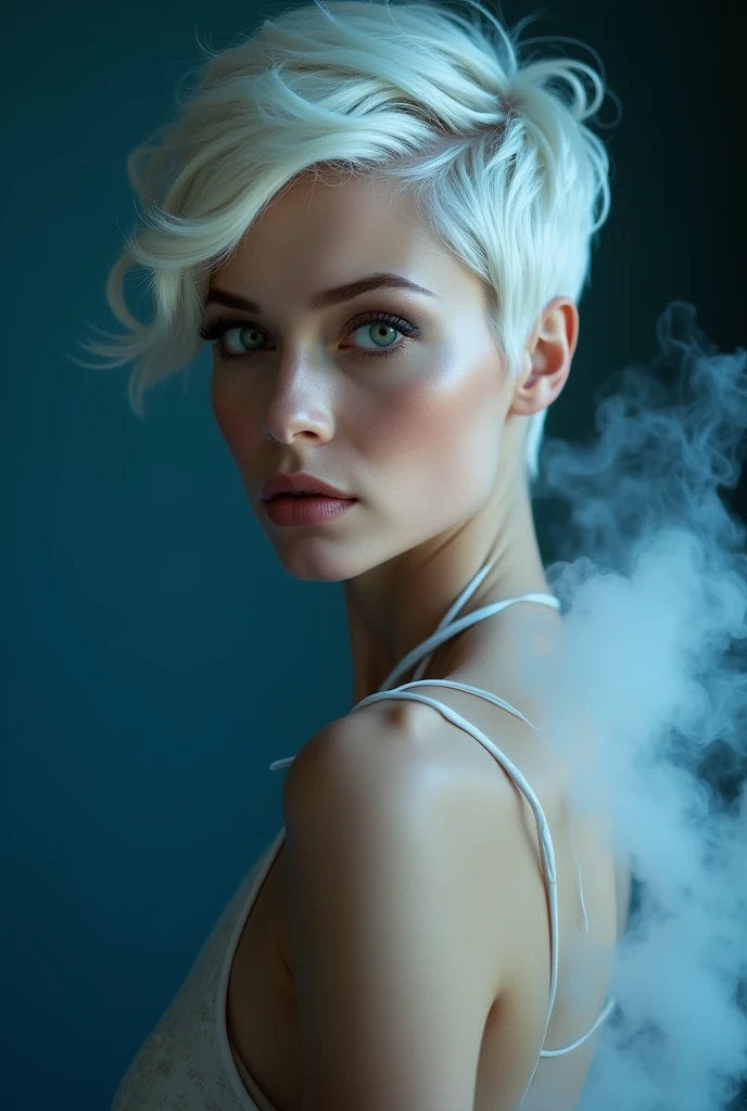 Picture of a modern women with big shiny green eyes,small pointy nose ...