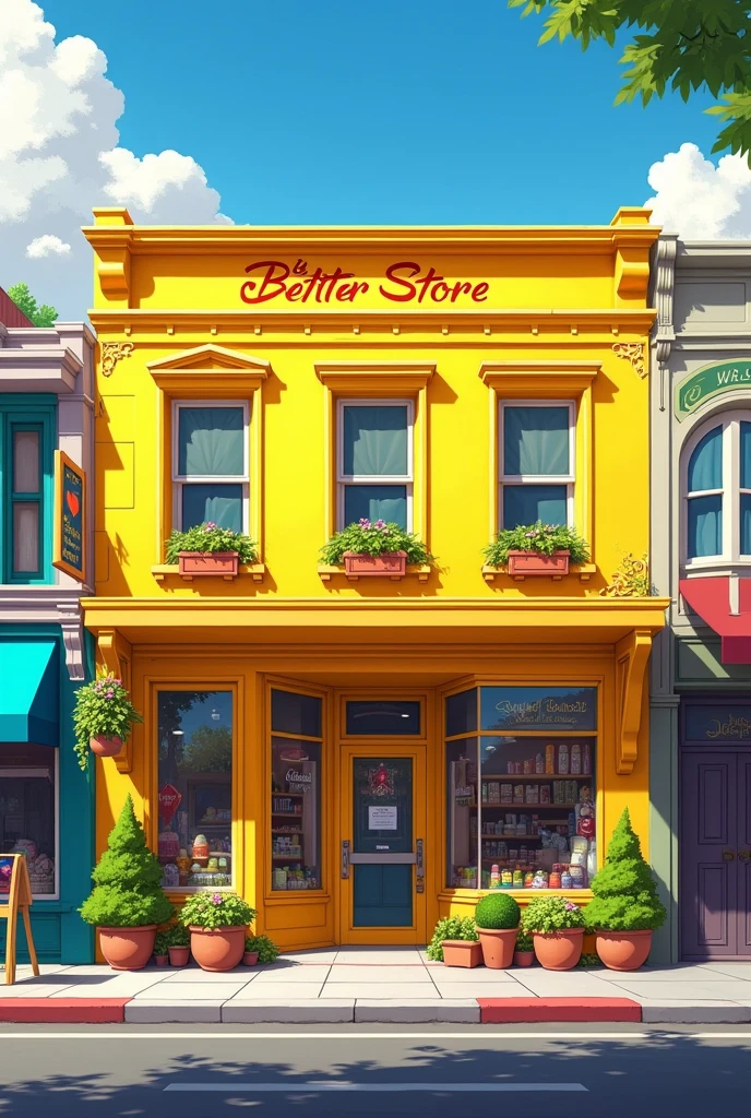Picture of a yellow shop with parking. Shop name: Better Store - SeaArt AI