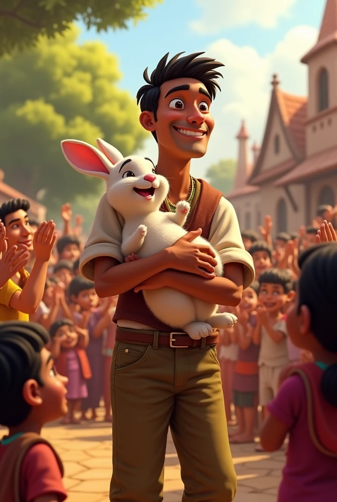 A celebration in the village square with villagers gathered around ...