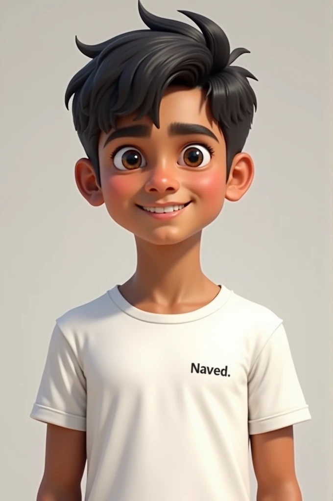 A indian boy in the white t shirt and write a name. Naved on the t ...