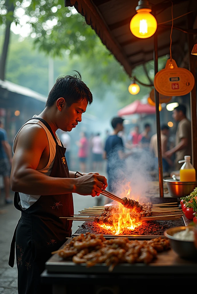 In one corner of the stall, a satay seller was busy fanning while ...