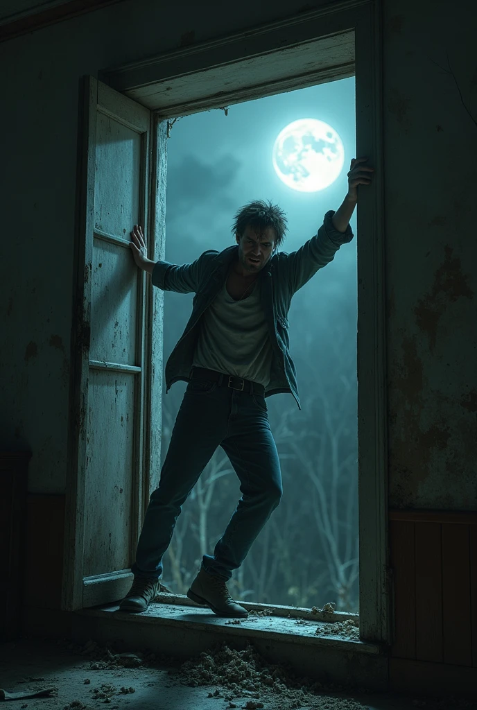 Derelict house, old and dark room man escaping through the open bedroom ...