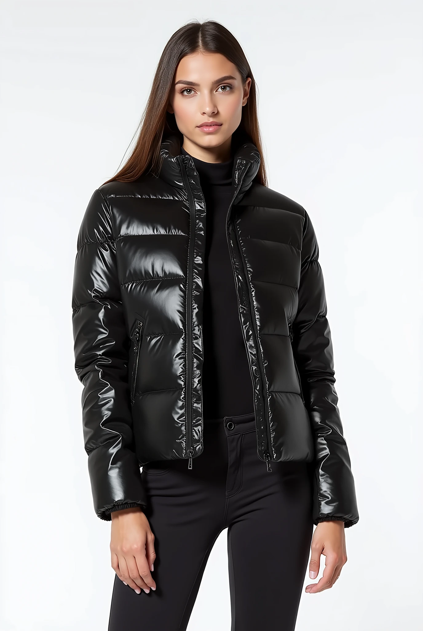 A woman wearing a black jacket and black pants - SeaArt AI