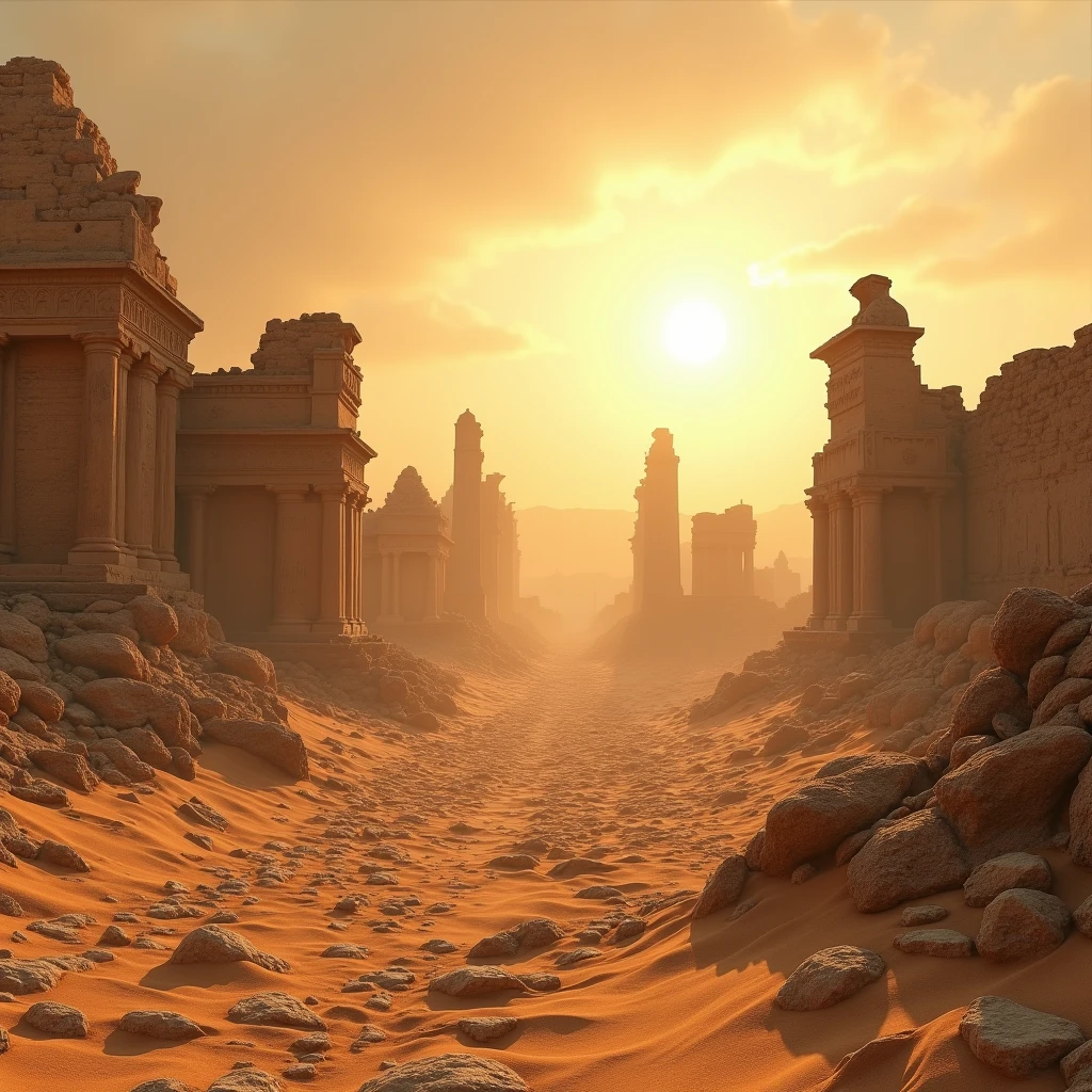 A vast desert landscape, ancient ruins, crumbling stone structures ...