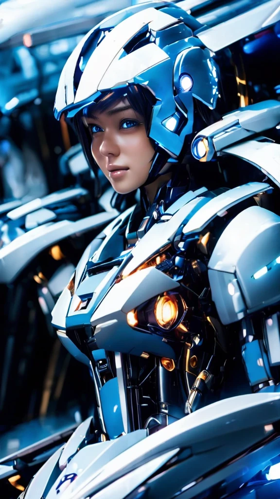 Wide-angle shot, 1 female, Mecha, Sparkling Blue Eyes, Very cute face ...