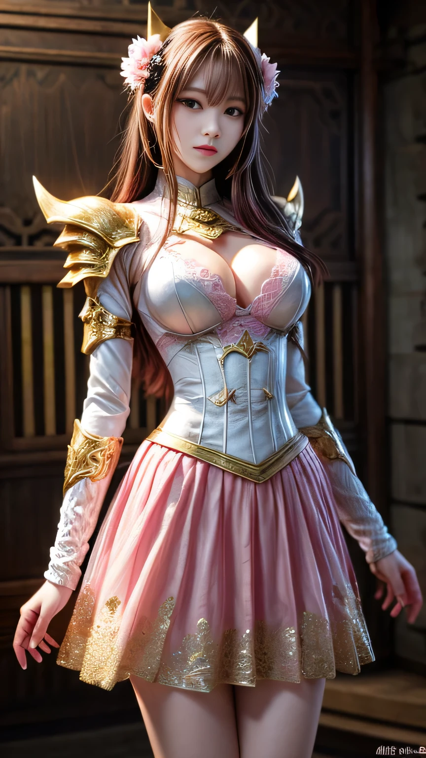 A woman in a pink dress and gold armor poses for a picture - SeaArt AI