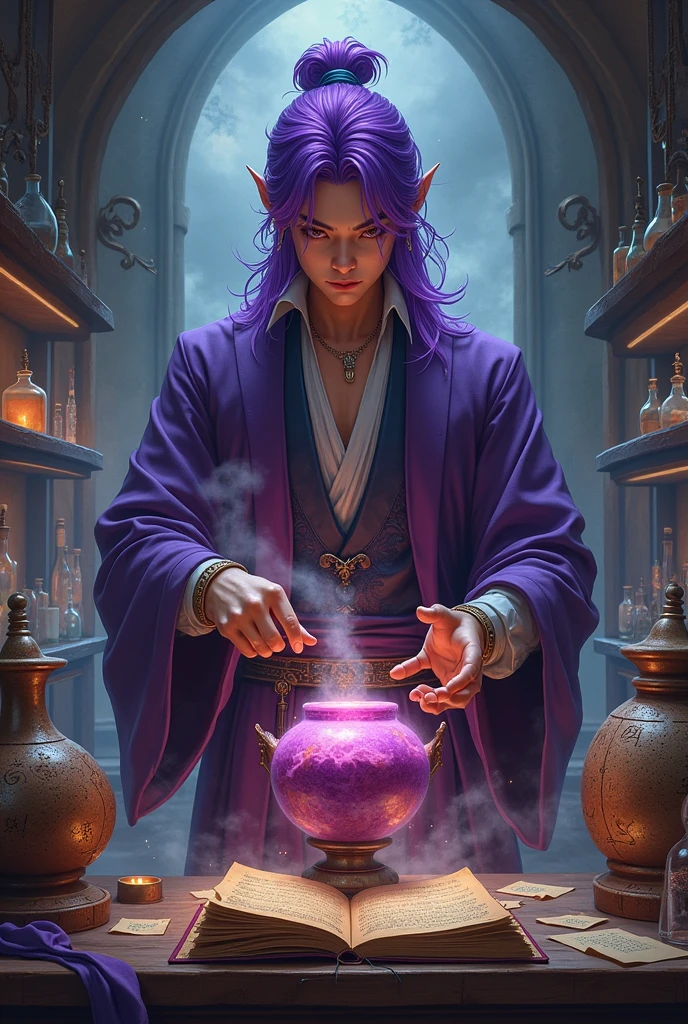 A handsome Asian wizard making potions with purple hair - SeaArt AI