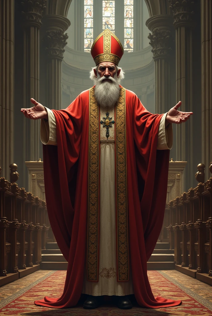 Old bishop in front of the altar in a cathedral church standing in T ...