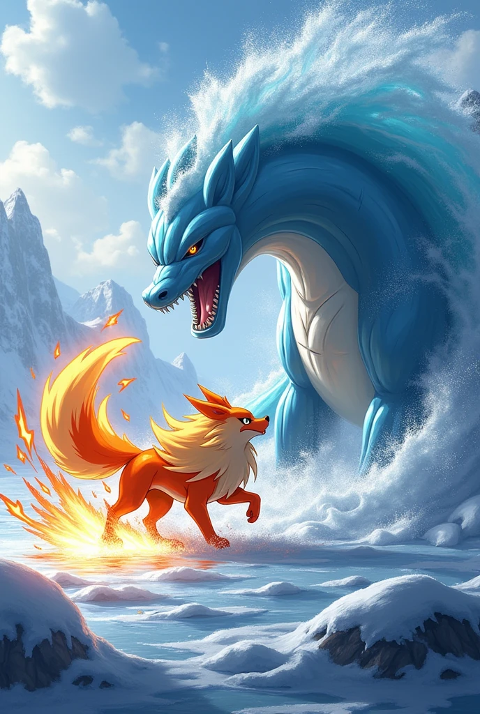 Arcanine and Lapras square off at the edge of a frozen lake. Arcanine ...