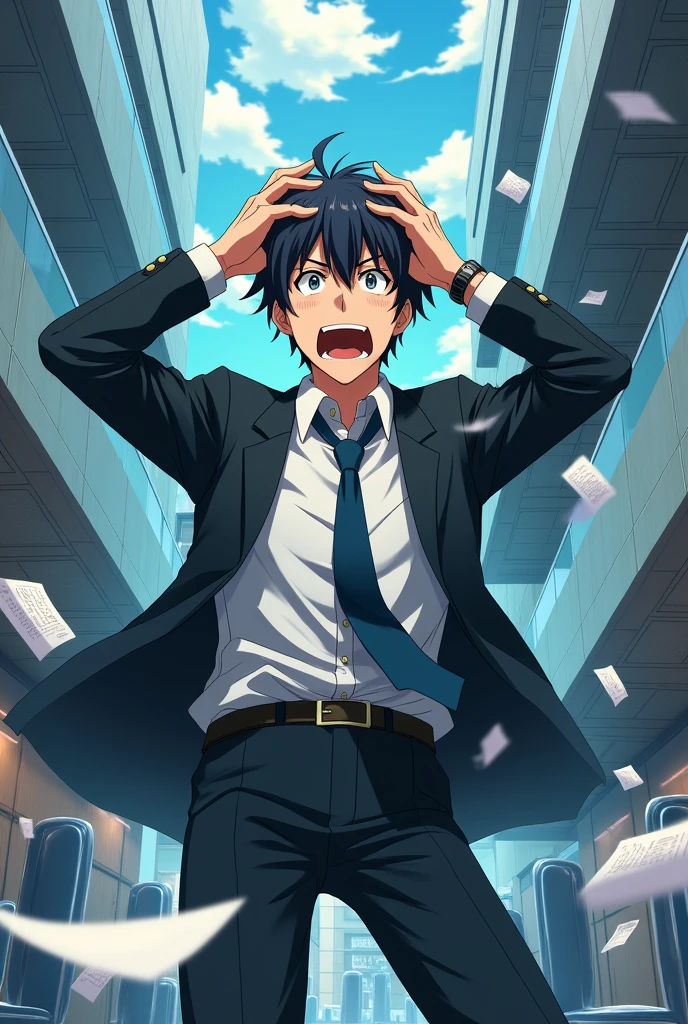 Male Japanese anime workplace trouble panic - SeaArt AI