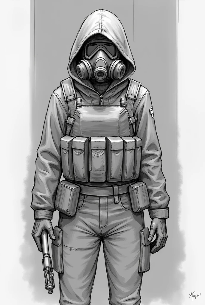 Make me a super simple sketch using pencil about roze rook with a mask ...