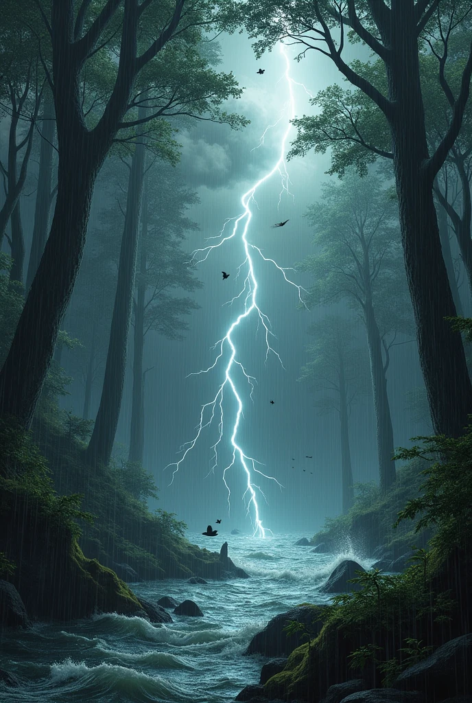 Depict a dark storm overtaking the once serene forest. Show heavy rain ...