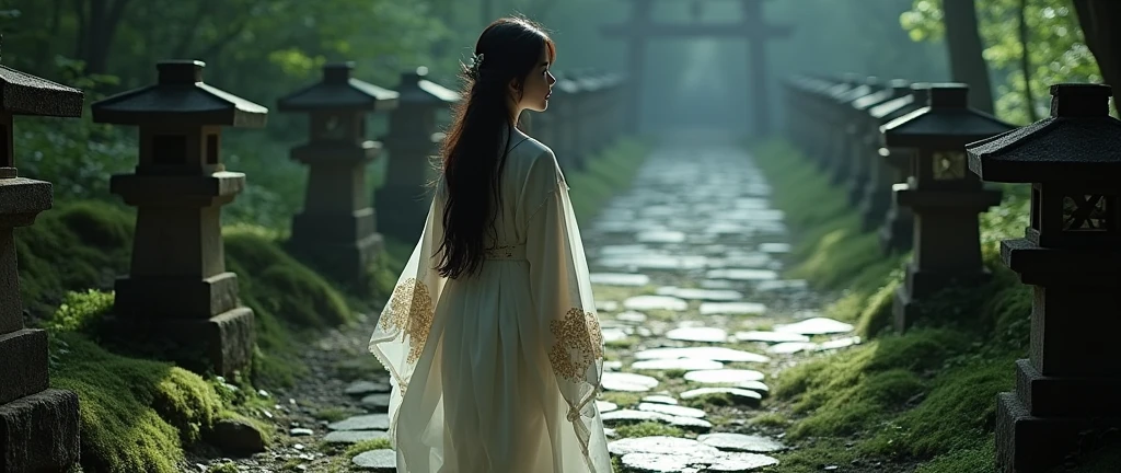 A young, ethereal shrine maiden in a flowing white robe adorned with ...