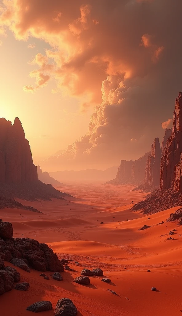 A vast desert landscape on Mars, barren red planet, rolling dunes ...